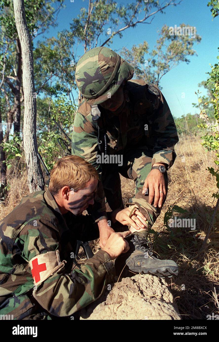 A medic checks an injury on the leg of a soldier from 4th Bn., 87th Inf ...