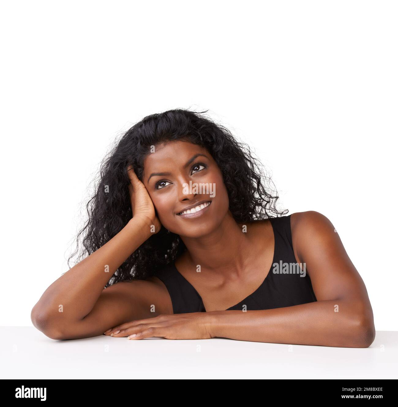 Fantasy, Indian woman and thinking with smile, idea and girl isolated ...