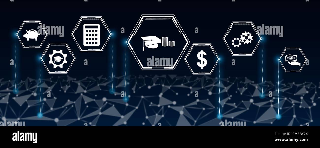 Concept of fafsa with icons in hexagons connected to abstract network ...