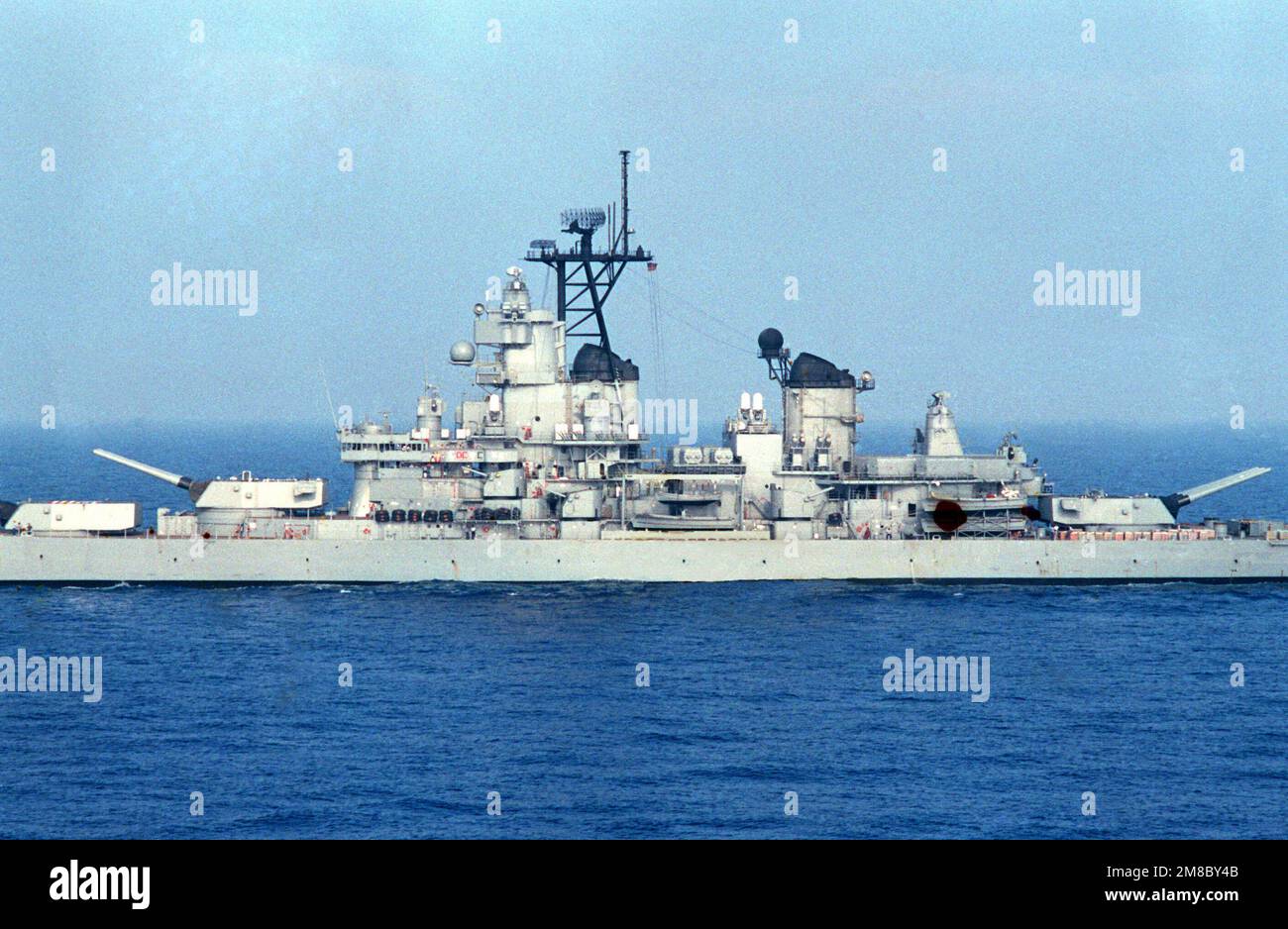 A port amidships view of the battleship USS IOWA (BB 61) underway off the coast of Lebanon ...