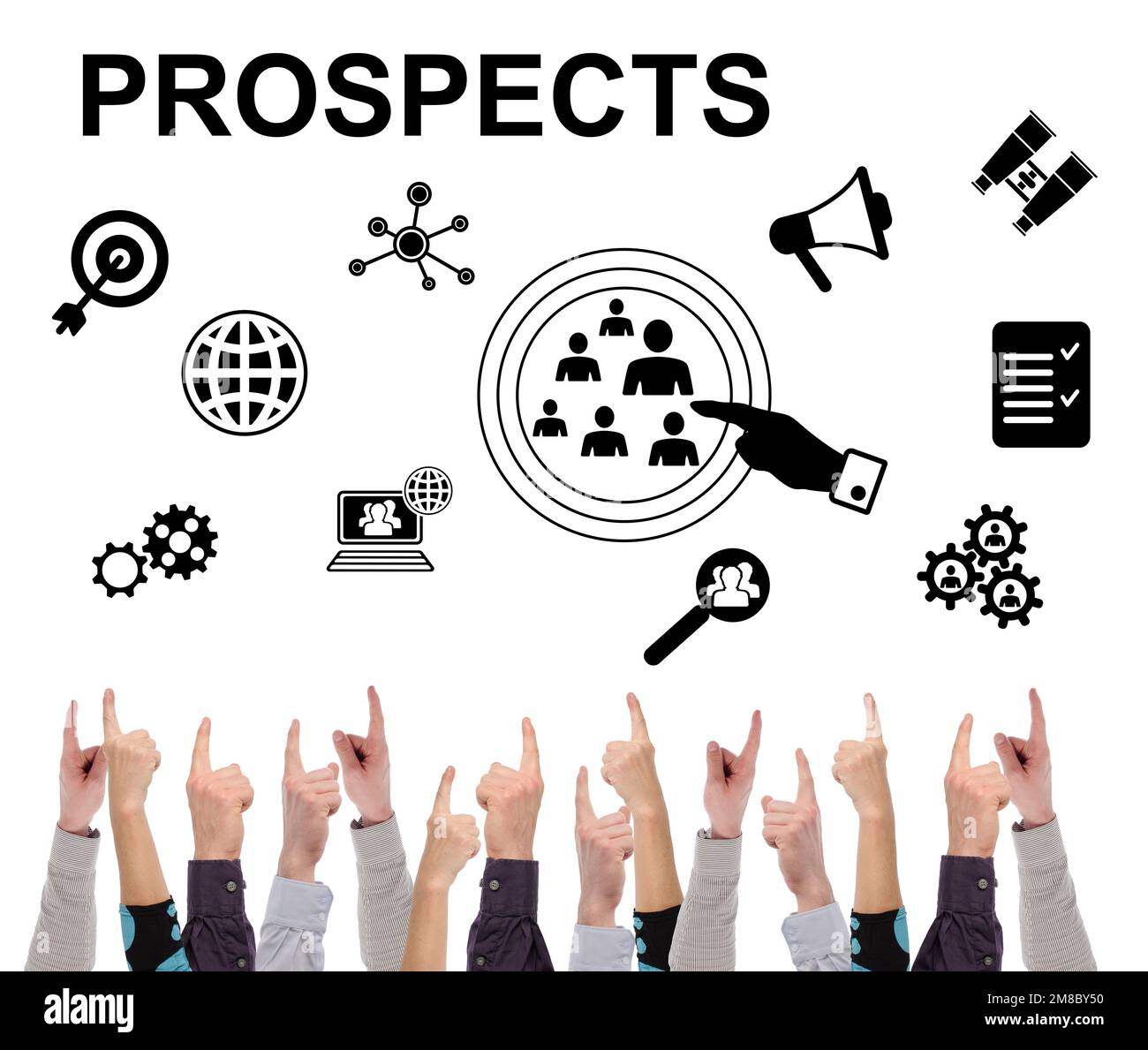 Prospects concept on white background pointed by several fingers Stock ...