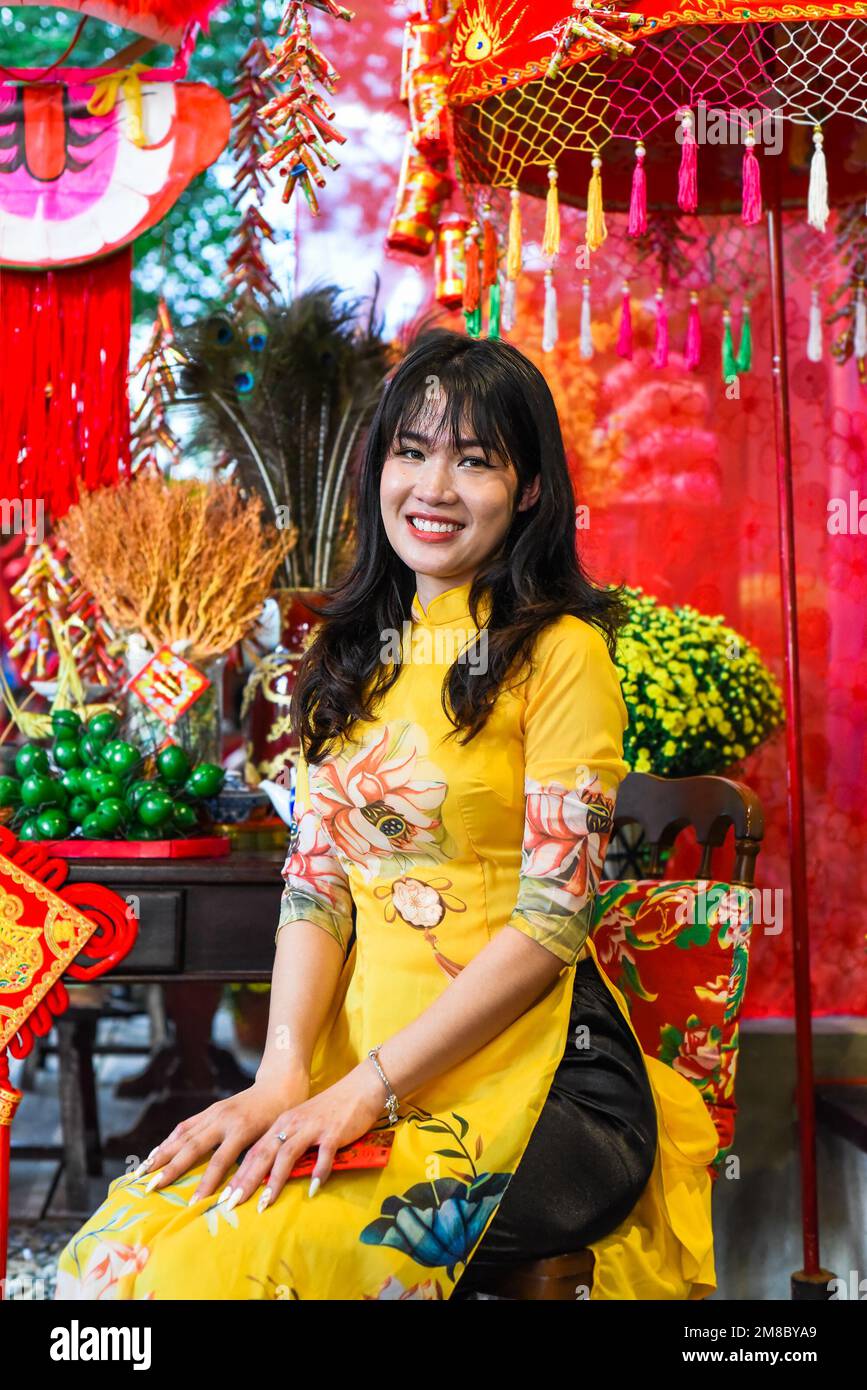 Beautiful Vietnamese woman in traditional vietnamese dress in Tet Lunar ...