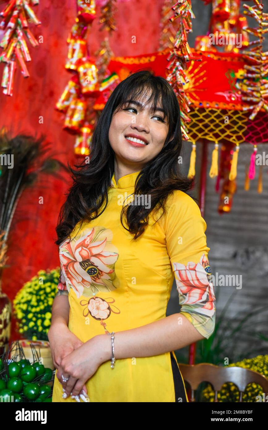 Beautiful Vietnamese woman in traditional vietnamese dress in Tet Lunar ...
