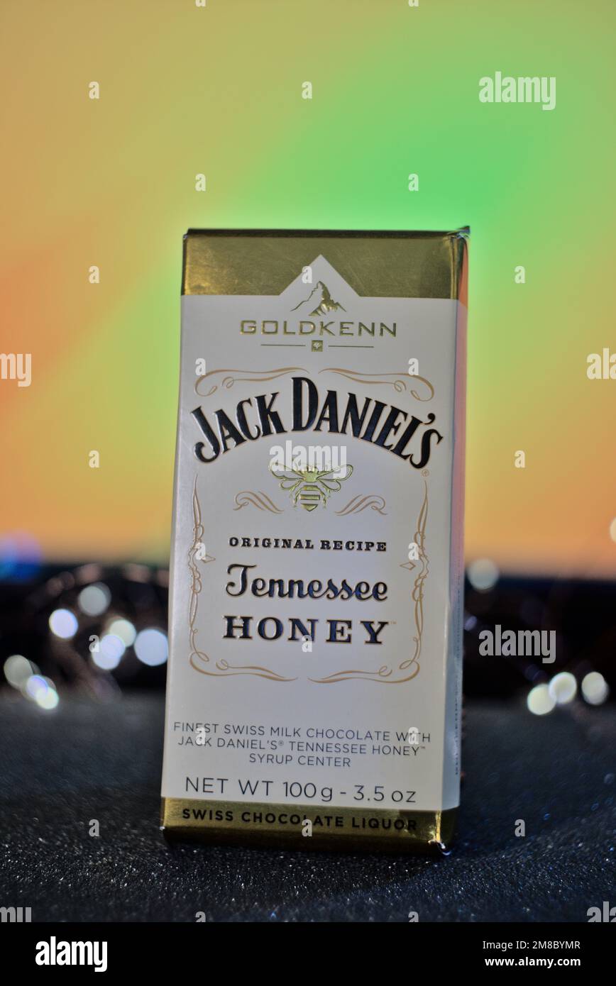 A vertical shot of a Jack Daniel's honey flavored milk chocolate bar ...