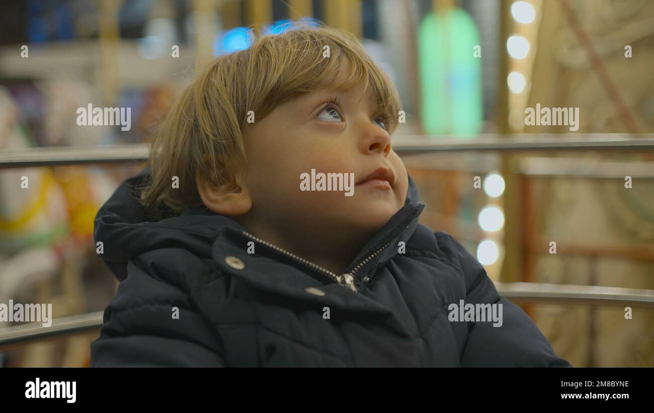 Cute little boy having fun at amusement park inside carousel Stock ...