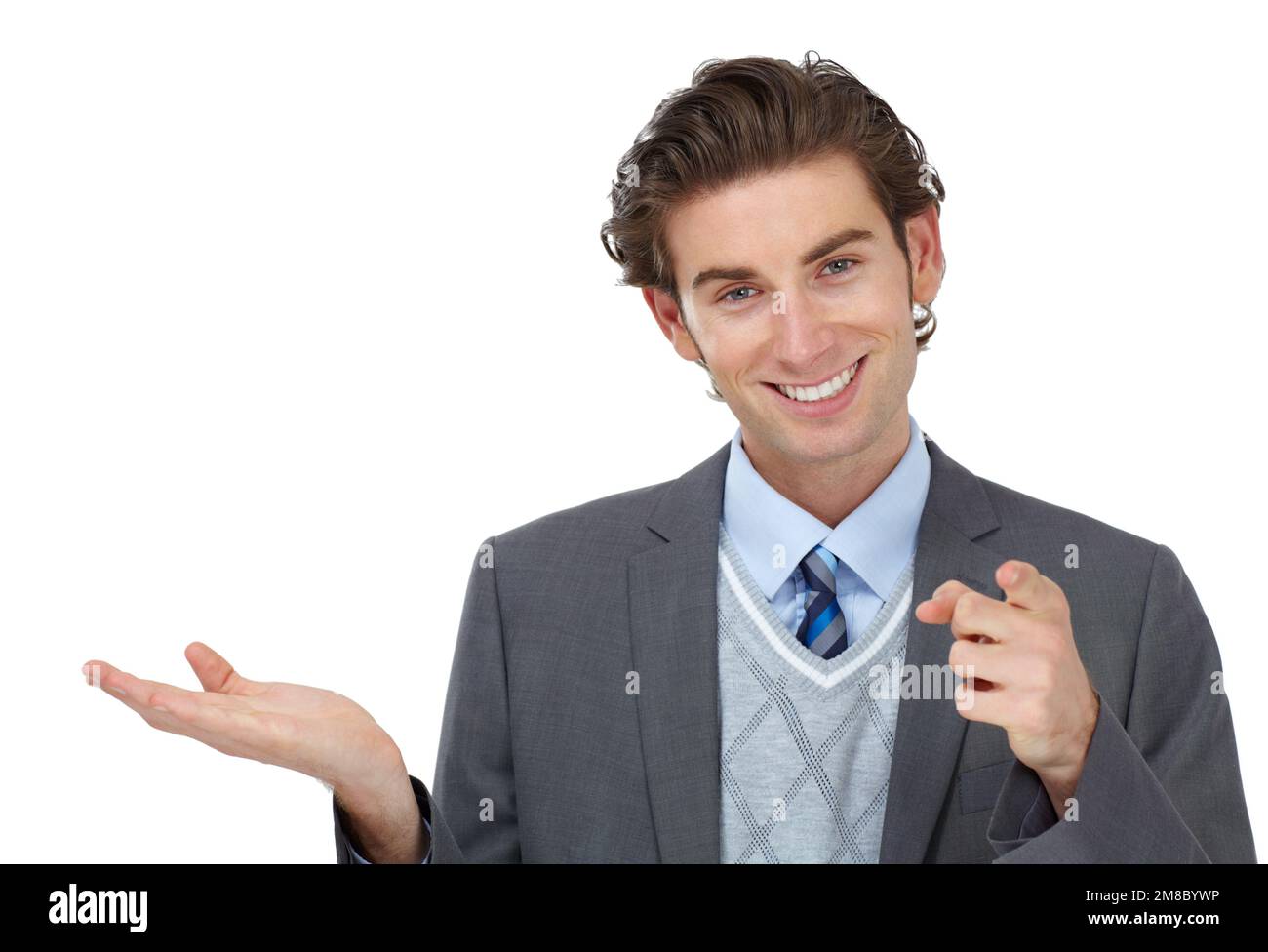 Face, pointing and business man with mockup, product placement or ...