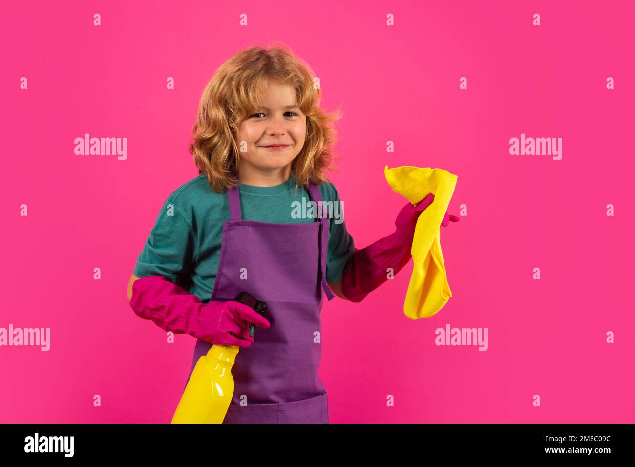 Kid cleans at home. Child cleaning with mop to help with housework ...