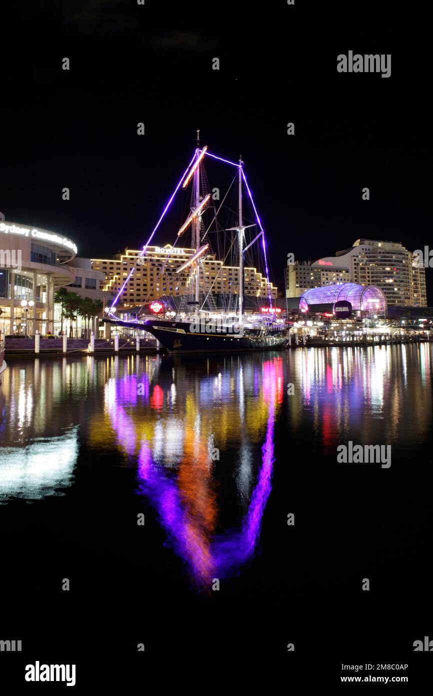 Australian Brigantine Young Endeavour lit up at night, Sydney harbour ...