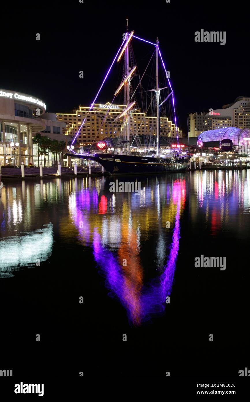 Australian Brigantine Young Endeavour lit up at night, Sydney harbour ...