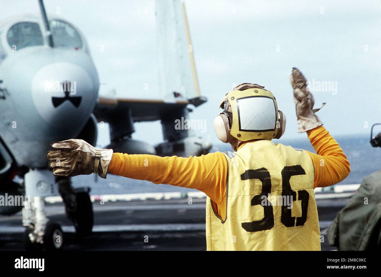 A plane director signals the pilot of an EA-6B Prowler aircraft as the ...