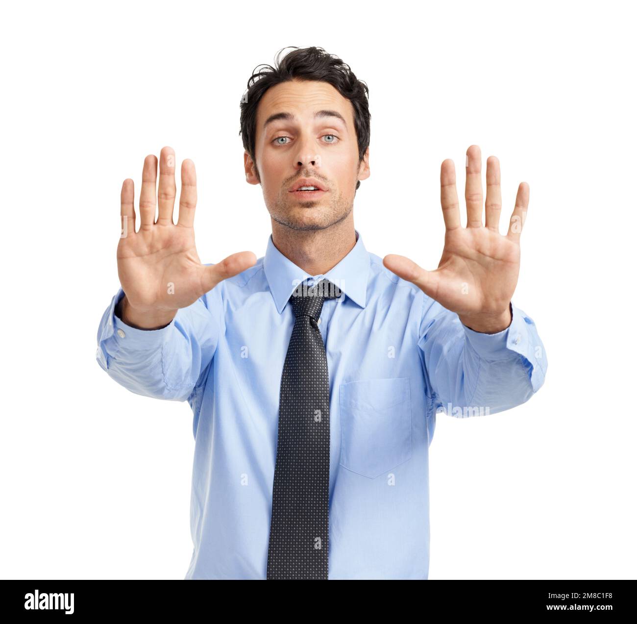 Stop, problem and portrait hands of a businessman with a sign, serious ...