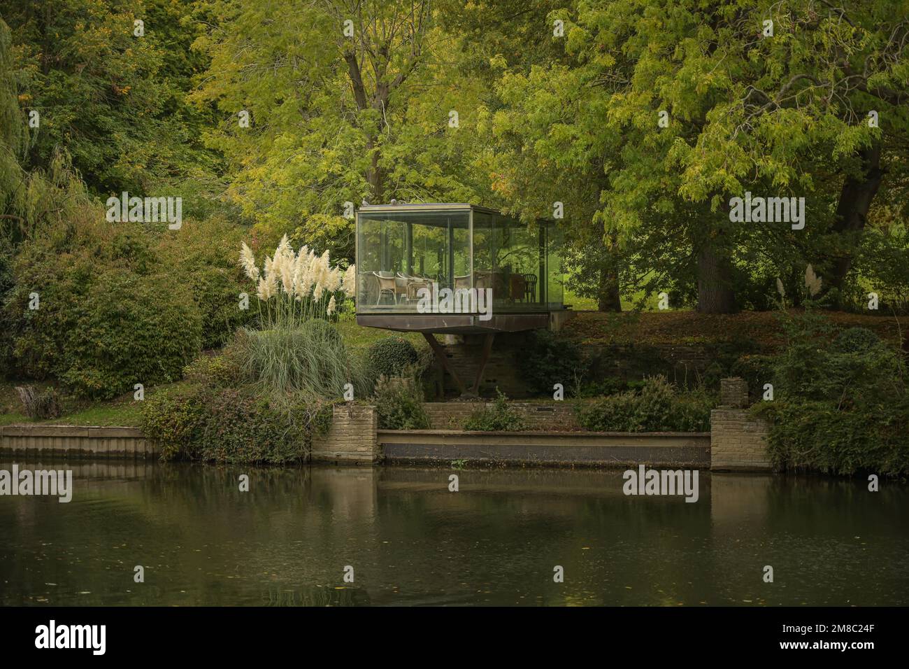 A small glass cafe in the forest with the lake view Stock Photo - Alamy