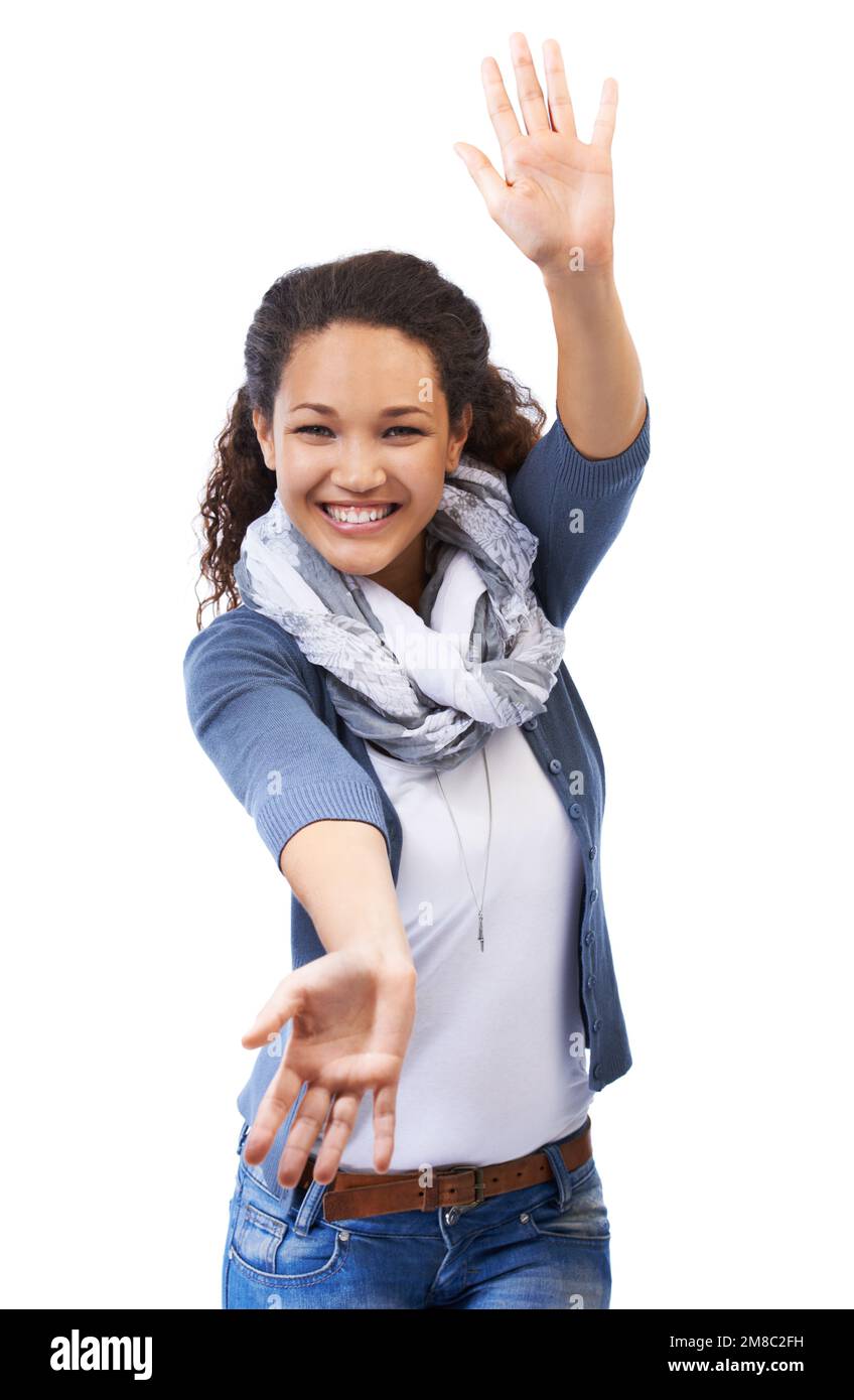 Open arms, smile and woman on a white background for advertising, copy ...