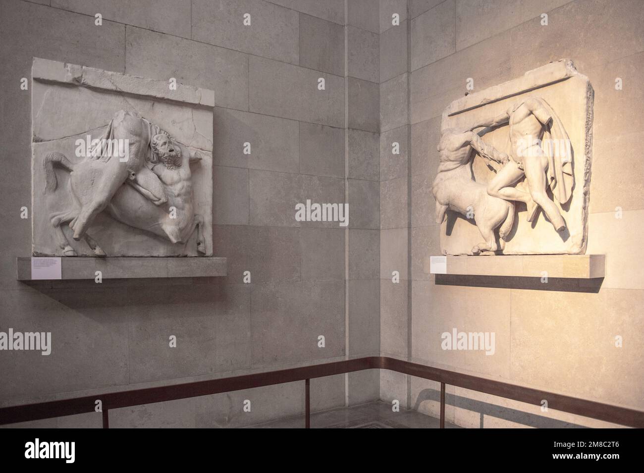 Visitors view the Parthenon Marbles, also known as the Elgin Marbles, at the British Museum in ...