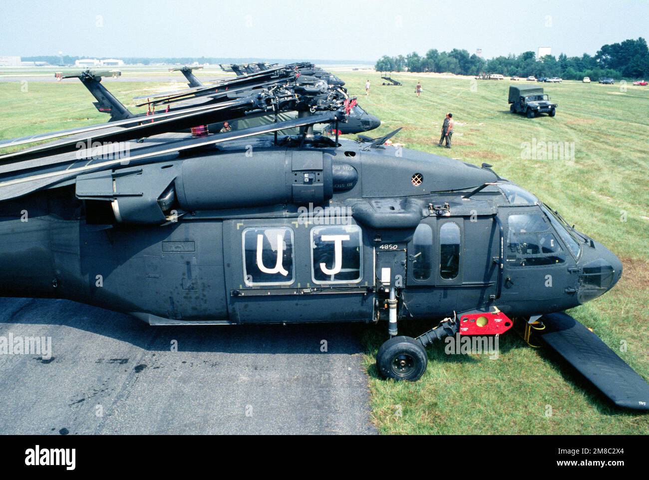 Several UH-60A Black Hawk helicopters, their main rotor blades folded ...