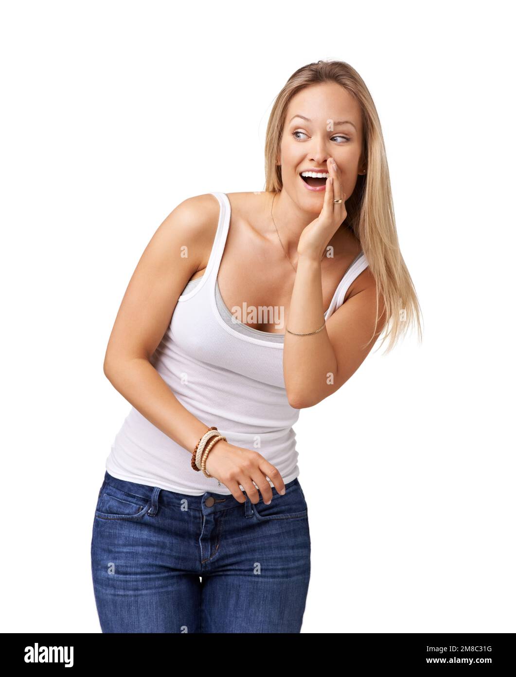 Secret, whisper and gossip with a woman in studio isolated on a white ...