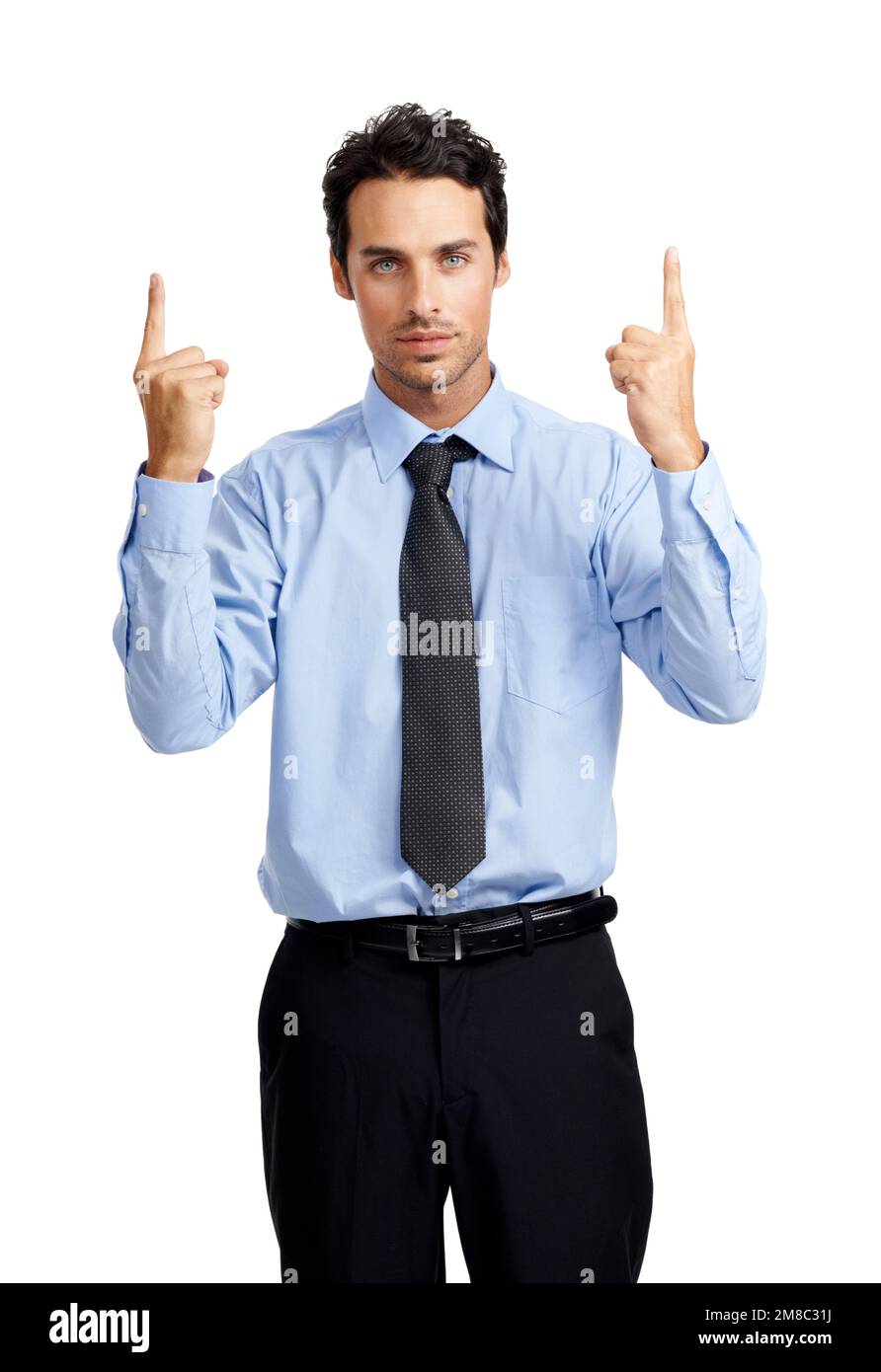 Portrait of businessman, hands and pointing up on studio background to ...