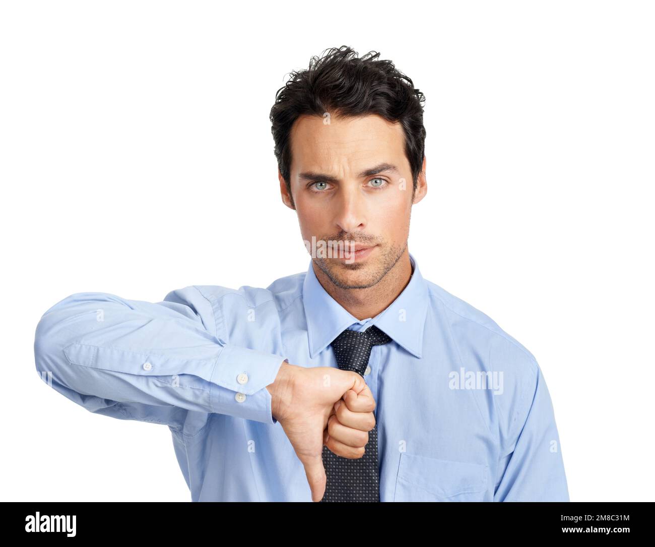 Portrait, hand and businessman with thumbs down in studio for no, bad ...