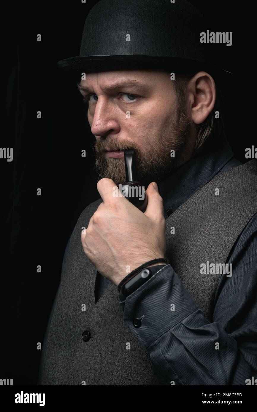 stylish man in retro outfit suit hat smoking wooden pipe sherlock ...