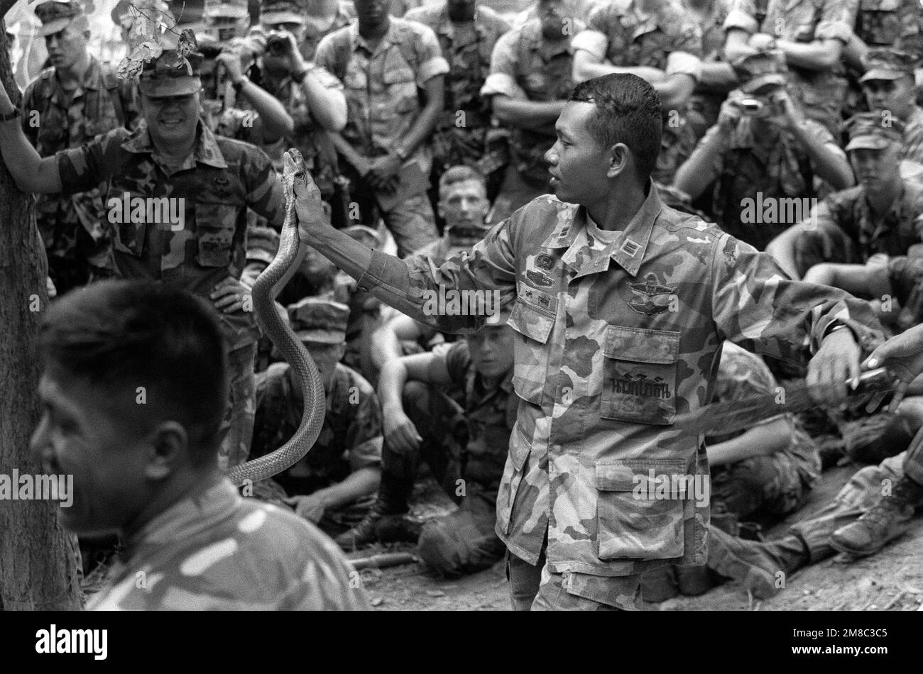 A Thai marine corps officer conducts a snake-handling demonstration for ...