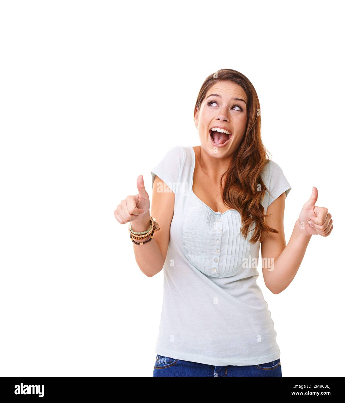 Wow, thumbs up and woman in studio for success, thank you or marketing ...