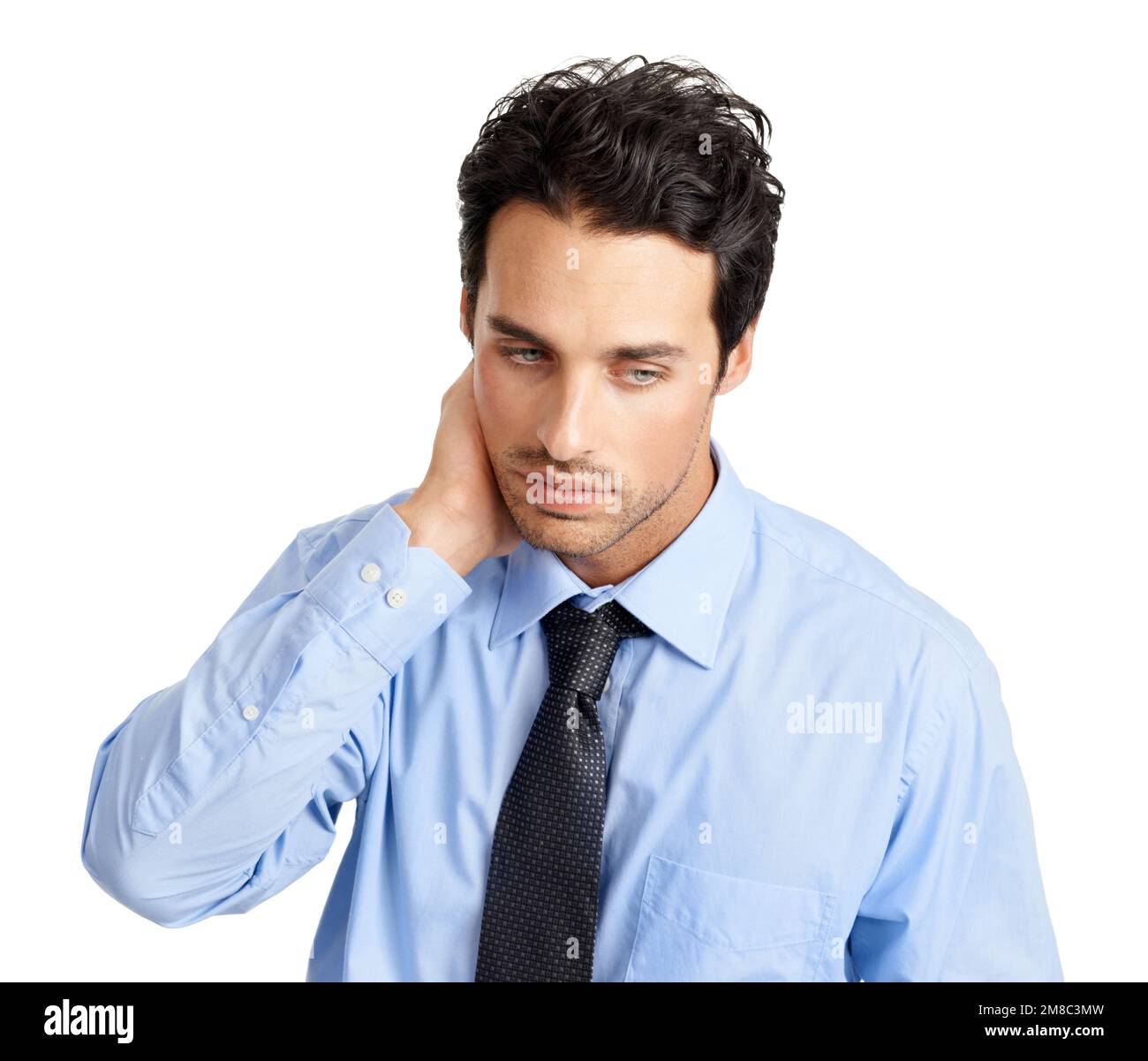 Sad businessman, face or neck touching on studio background in finance ...