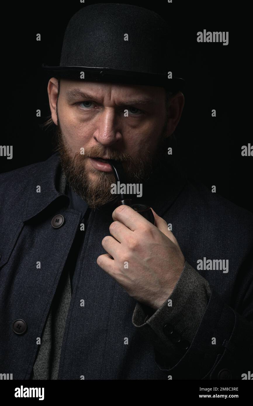 stylish man in retro outfit suit hat smoking wooden pipe sherlock ...