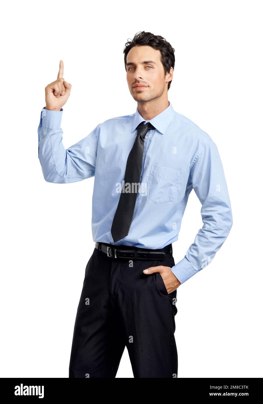 Portrait of businessman, hand and thinking finger on studio background ...