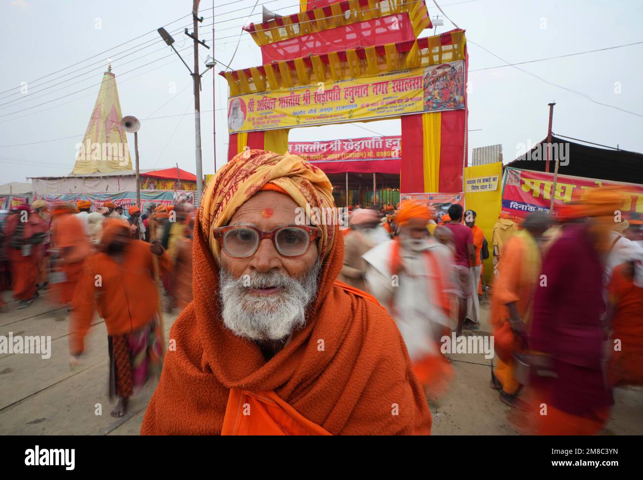 Hindu holy men arrive on the eve of the Makar Sankranti at the Sangam ...