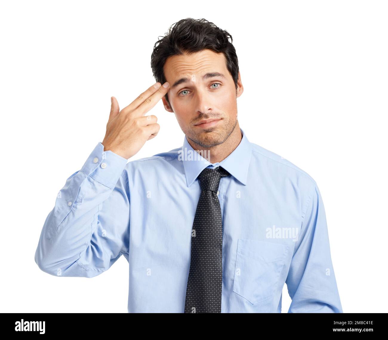 Portrait of businessman, gun gesture and unhappy work environment with ...