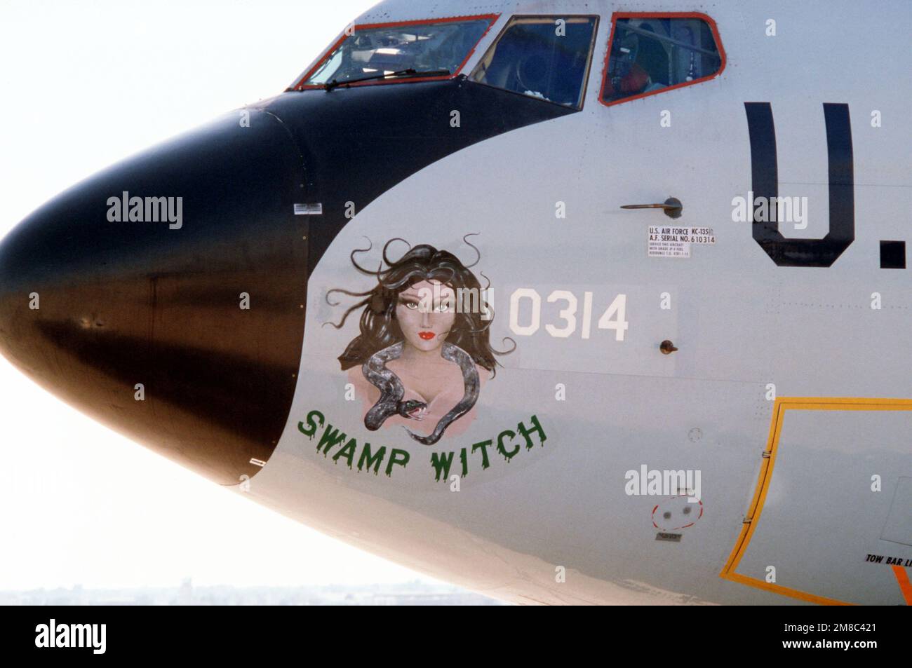 A close-up view of the artwork on the nose of a 19th Aerial Refueling Wing (19th AREFW) KC-135R ...