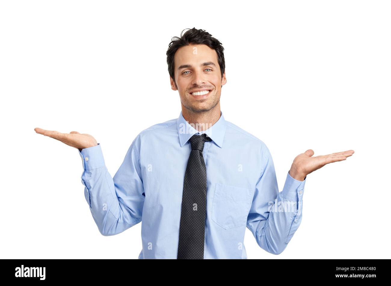 Happy, comparison and balance portrait of businessman with product ...