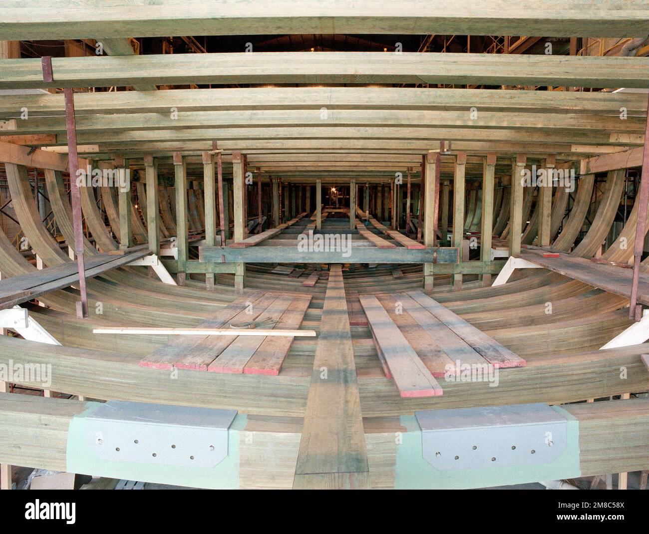 An interior view below the main deck, of the hull of the mine ...
