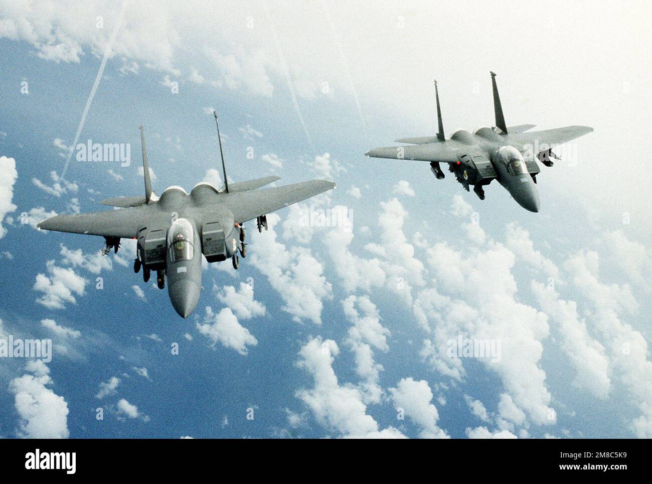 An air-to-air front view of two F-15E Eagle aircraft of the 336th ...