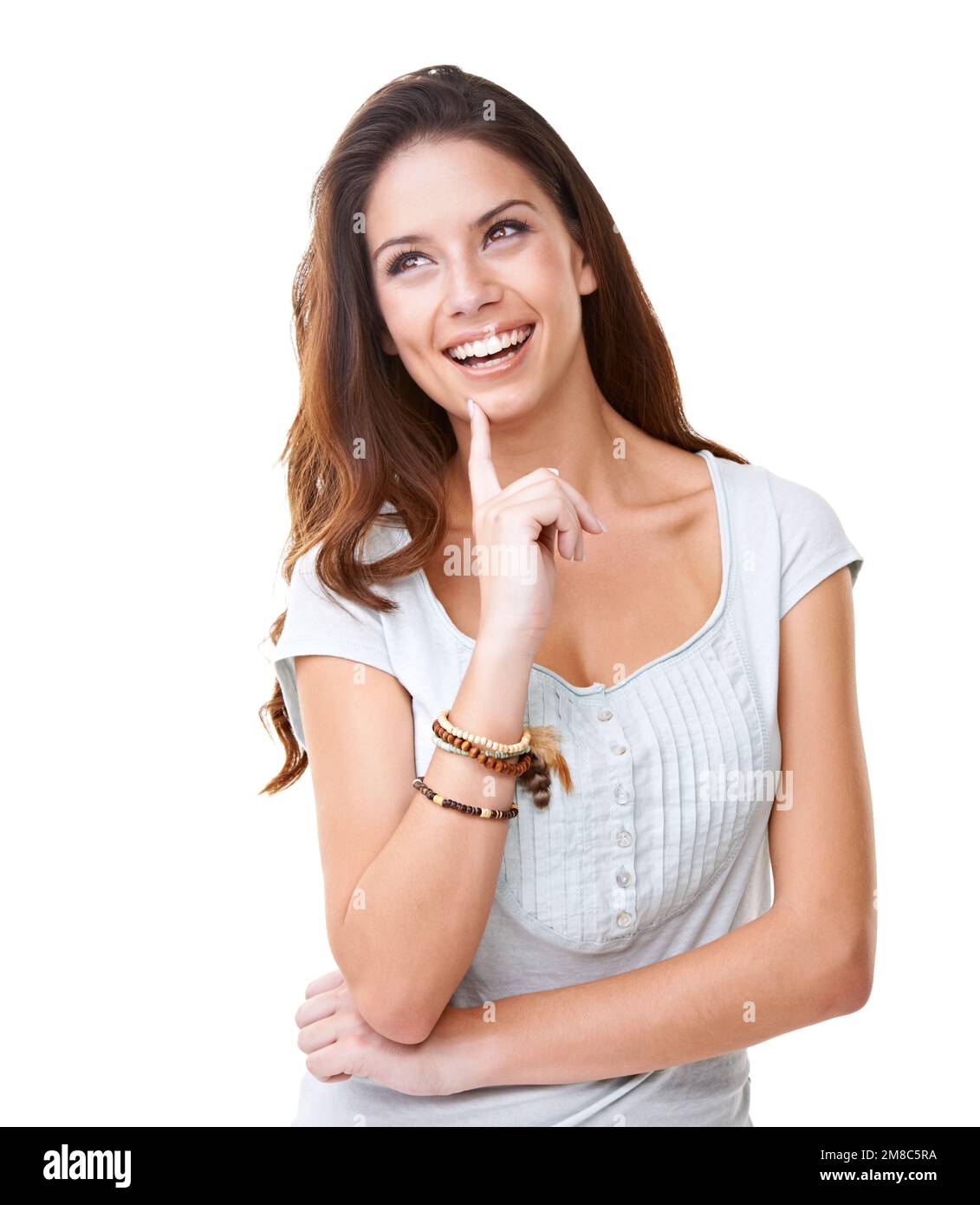 Thinking, planning and happy idea of woman inspired, considering and ...