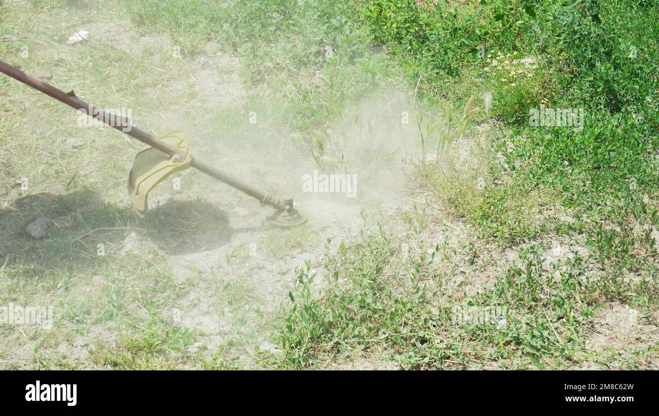 A professional gardener mows the lawn in Central Park with a petrol ...