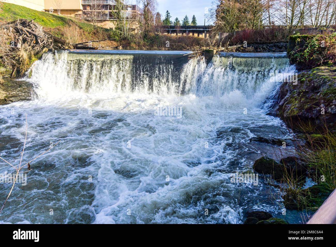 A view of Brewery Park with one of the waterfalls of Tumwater Falls ...