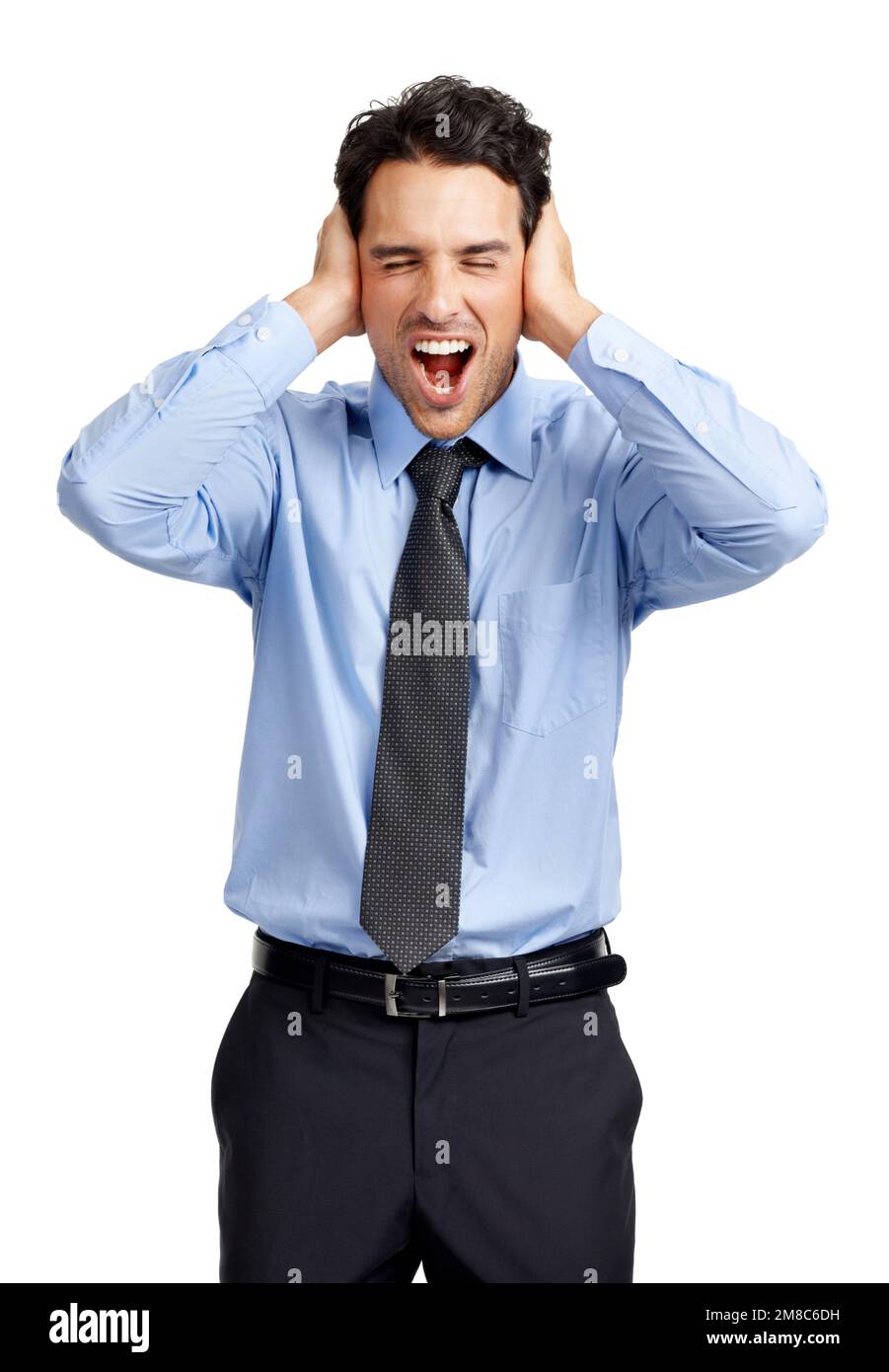 Businessman, headache and shouting frustrated with hands on head ...