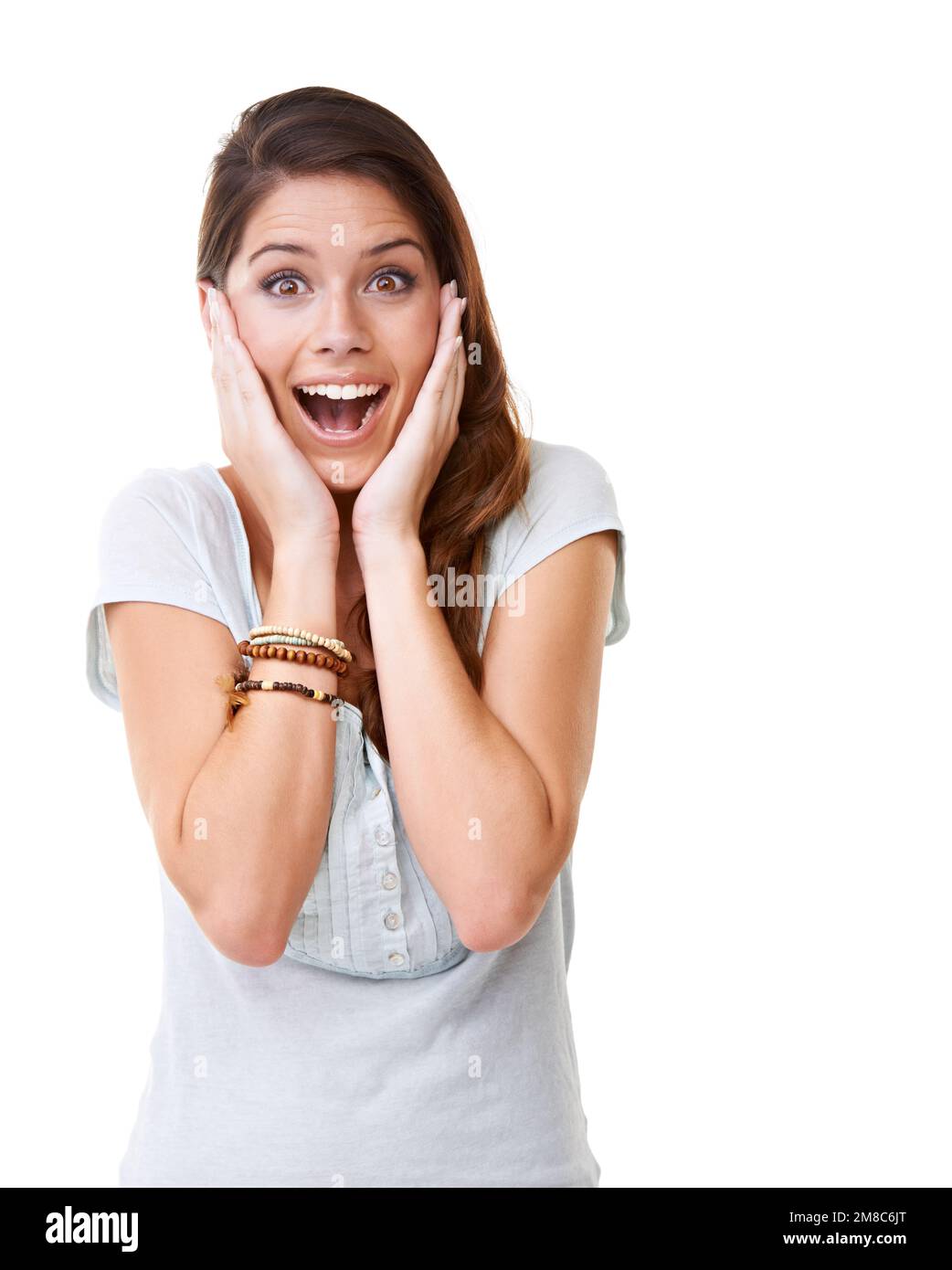 Gasp. Wow, surprise and portrait with a woman in studio on a white ...