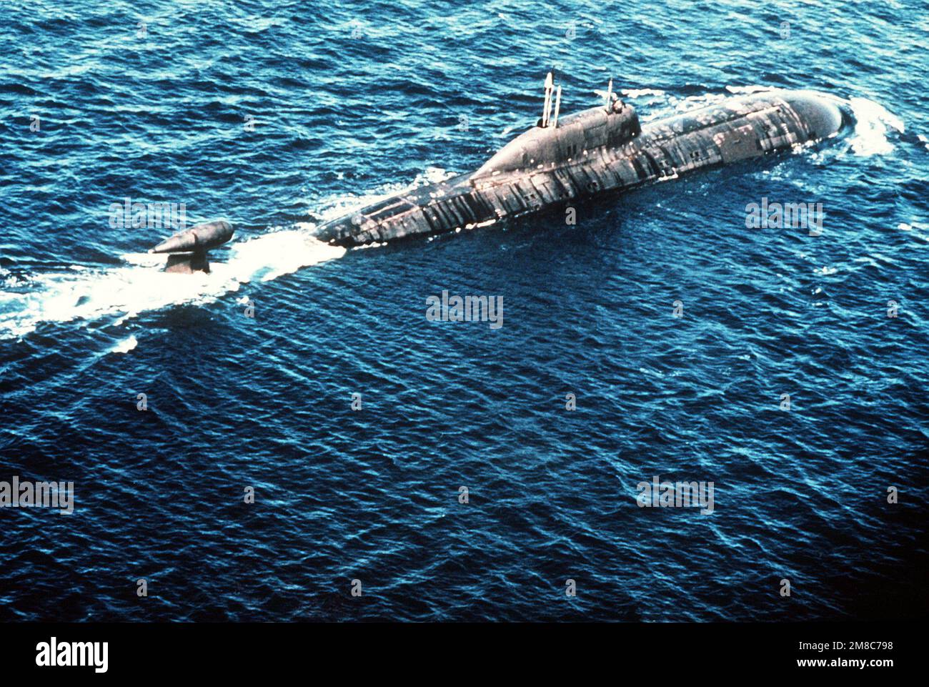 A starboard quarter view of a Soviet Akula Class nuclear-powered attack ...