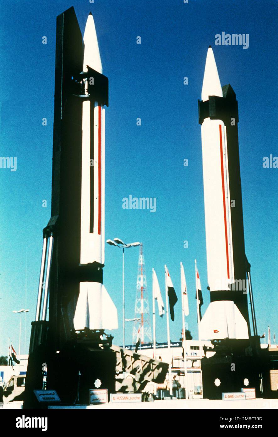 Two Soviet built, Iraqi-modified Scud B missiles and their launchers ...