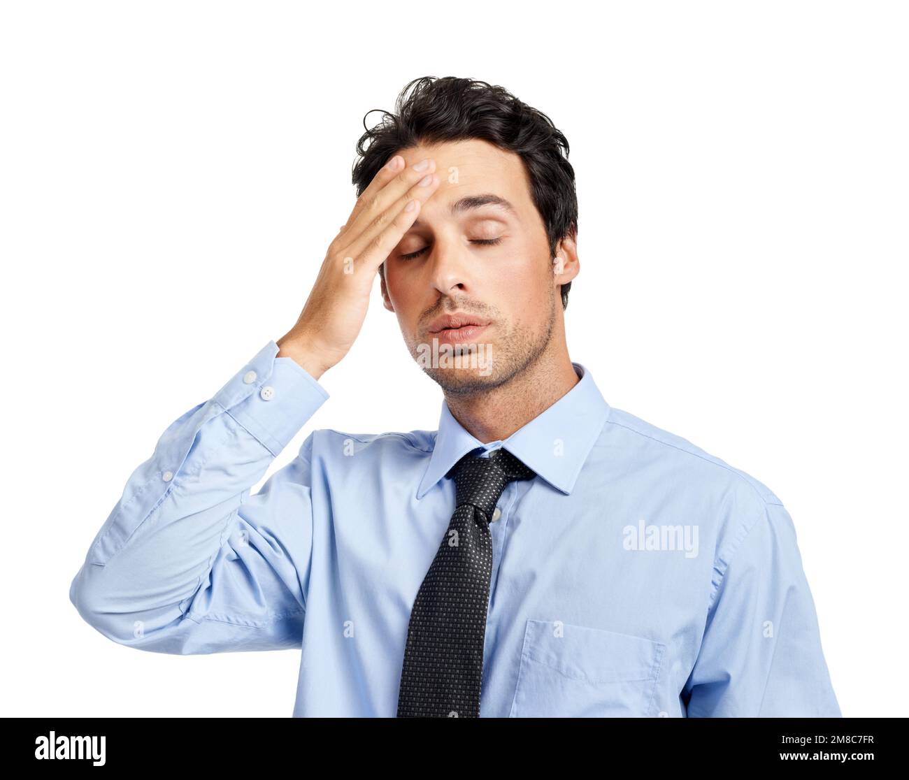 Tired businessman, stress and hand on head on studio background in ...
