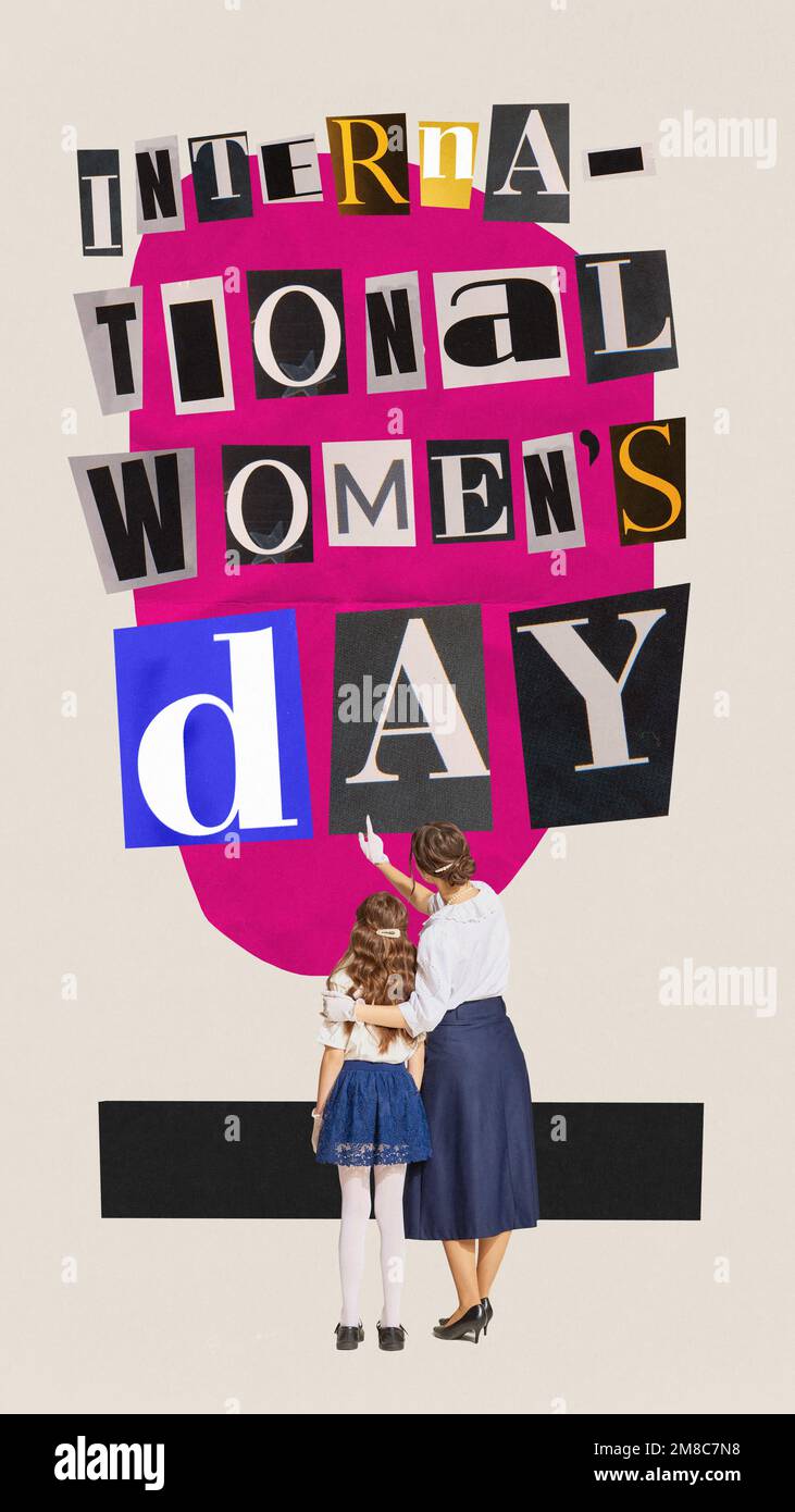 Creative colorful modern art collage. Mother and daughter looking at ...