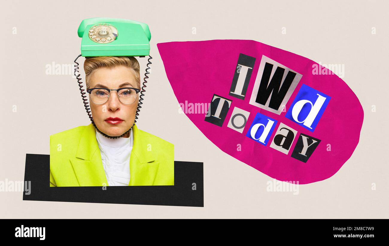 Creative colorful modern art collage. Woman with retro phone on her ...