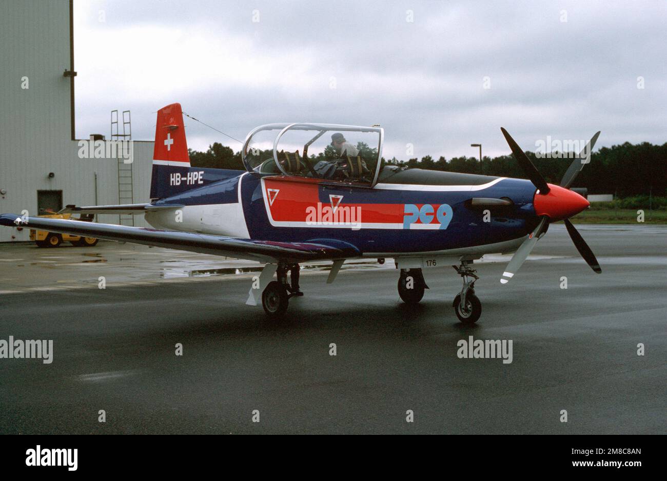 A right front view of a Swiss-made Pilatus PC-9 aircraft that is ...