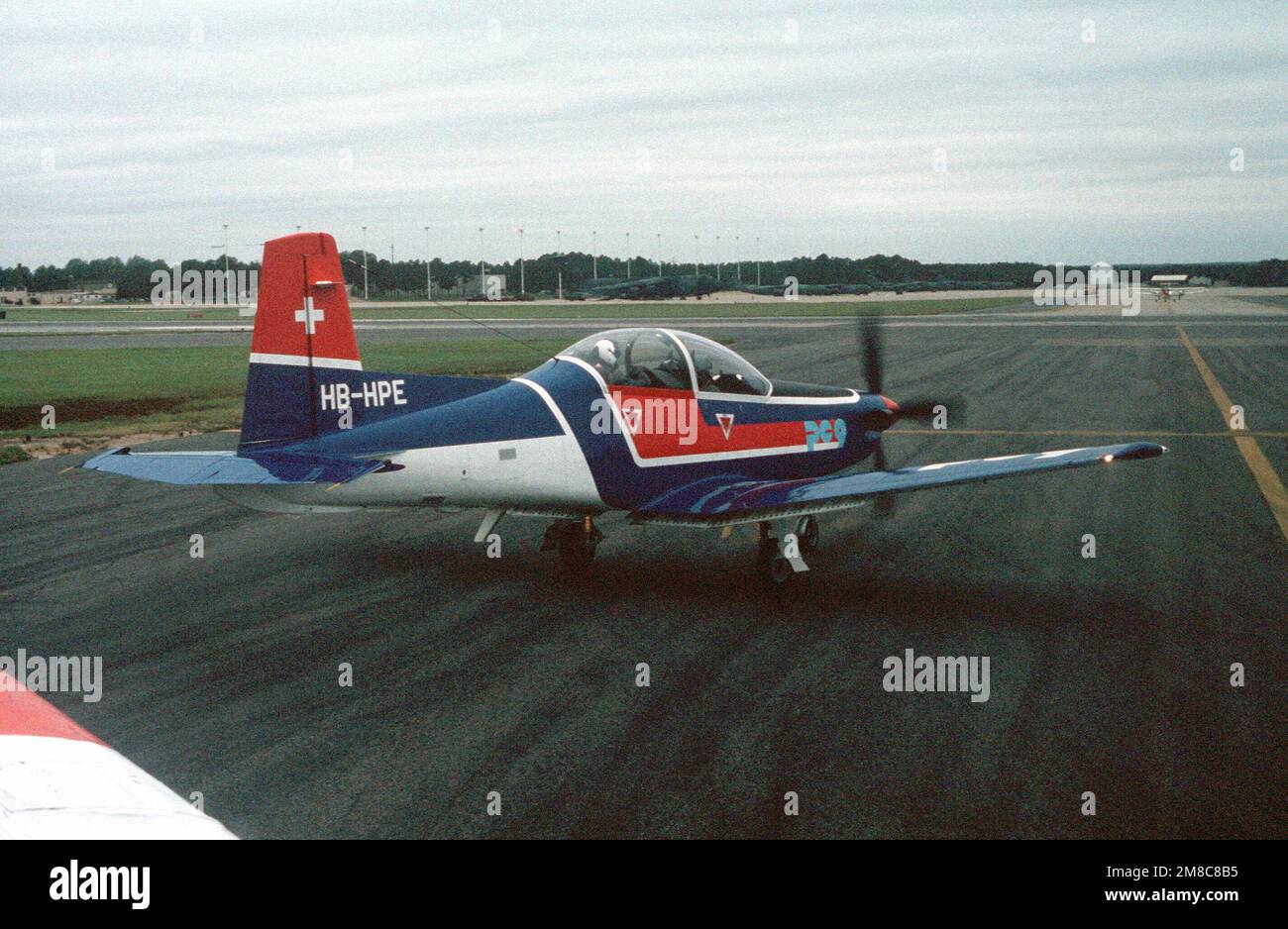 A Pilatus PC-9 aircraft taxis toward the runway for a test flight. The ...