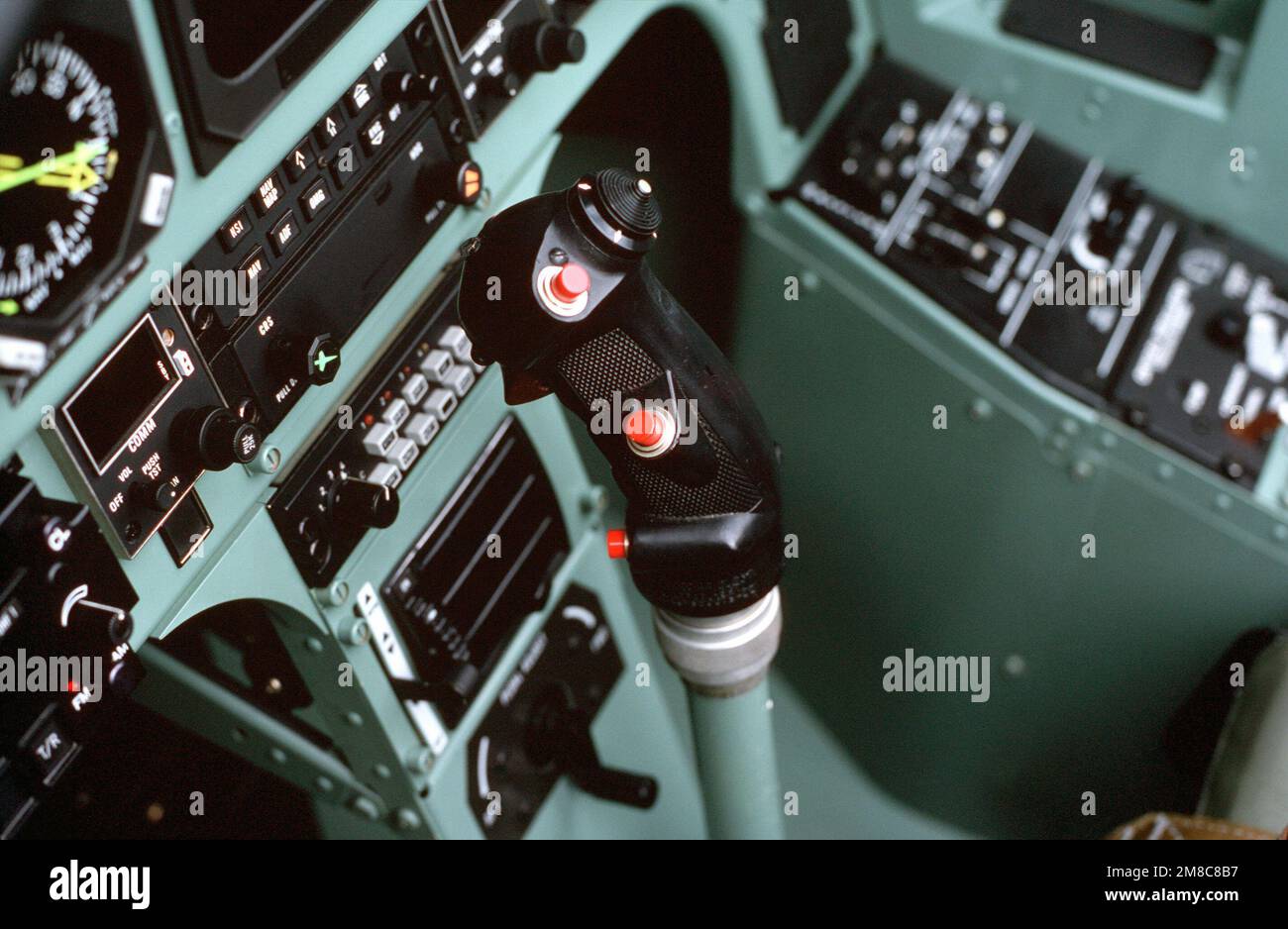 A close-up view of the control stick in the cockpit of a Swiss-made ...