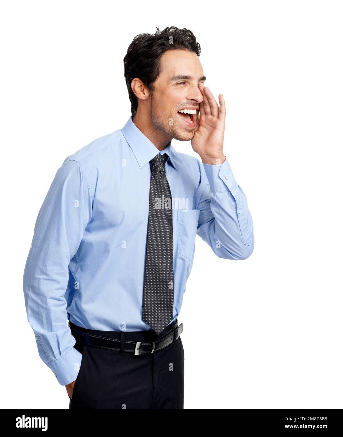Excited businessman, hand or shouting on studio background for finance ...