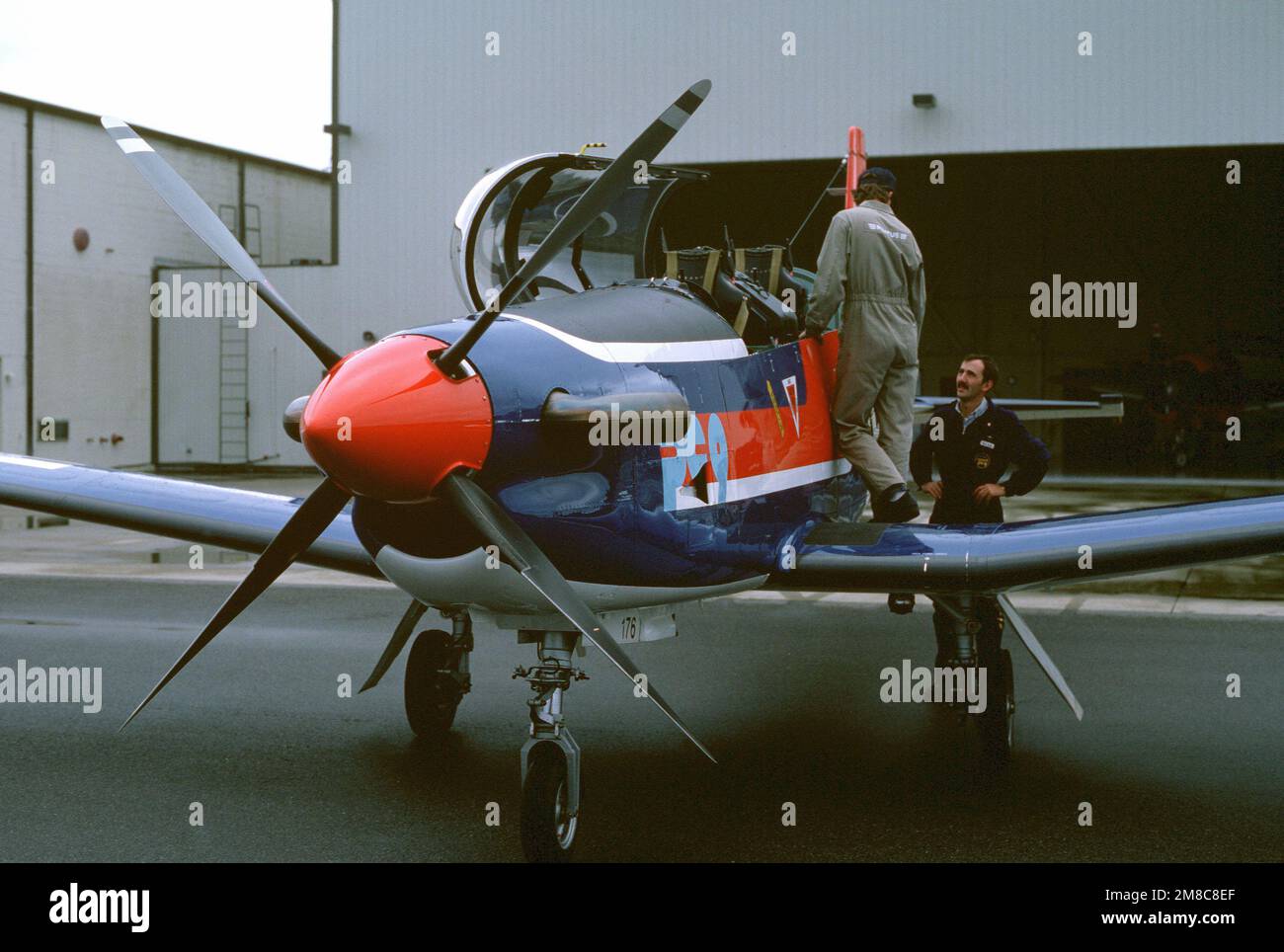 A left front view of a Swiss-made Pilatus PC-9 aircraft that is ...