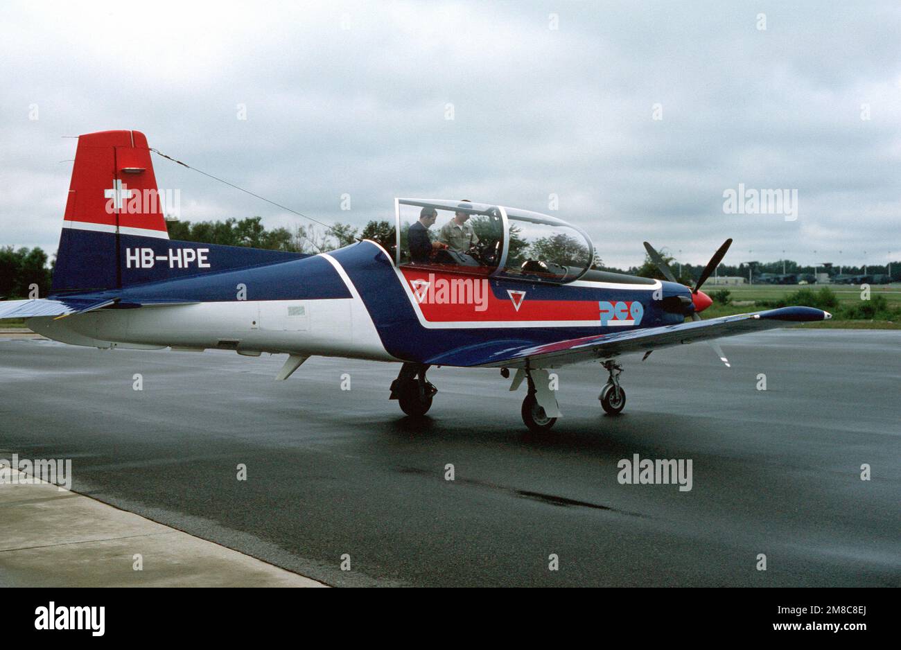 A right rear view of a Swiss-made Pilatus PC-9 aircraft that is ...